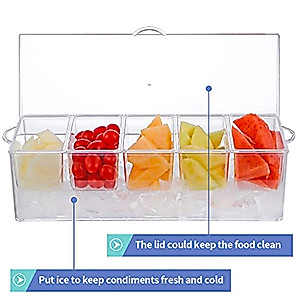 MOLIGOU Condiment Server on Ice, Chilled Caddy with 5 Removable Compartments, Chilled Serving Tray Container with Hinged Lid, 3 Serving Spoons and 3 Tongs Included