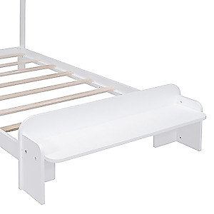 Twin Bed Frames with Headboard and Footboard Bench, Twin Bed Frame with House Shaped Headboard and Chimney, Twin Bed Frames for Kids, Girls Boys, No Box Spring Needed(White)