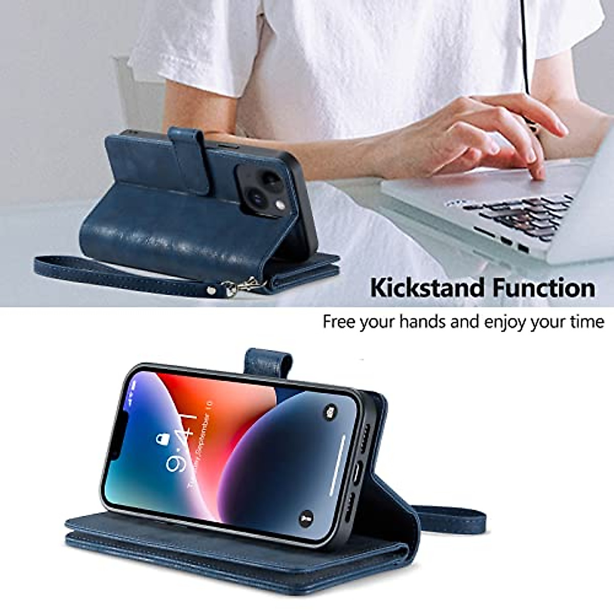 Varikke for iPhone 14 Wallet Case, Detachable Magnetic Wallet Flip Cases with Card Holder & Kickstand & Wristlet Fits iPhone 14 [6.1 inch] Phone Cover for Women Men Durable PU Leather, Vintage Blue