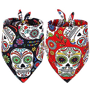Whaline Mexican Dog Bandana Floral Skull Pet Bandana Red Black Skeleton Dog Bibs Cinco De Mayo Fiesta Pet Scarf Double-Sided Pet Neckerchief for Day of The Dead Party Small Medium Large Cat Dog, 2Pcs