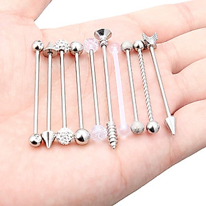 Dyknasz Industrial Bar Earring 14 Gauge 10PCS Matte Gilitter Braided Ball Arrow Screw Crystal CZ Clear Ball Industrial Barbell Cartilage Earrings Body Piercing Jewelry Women Men 1 1/2Inch Silver-Tone