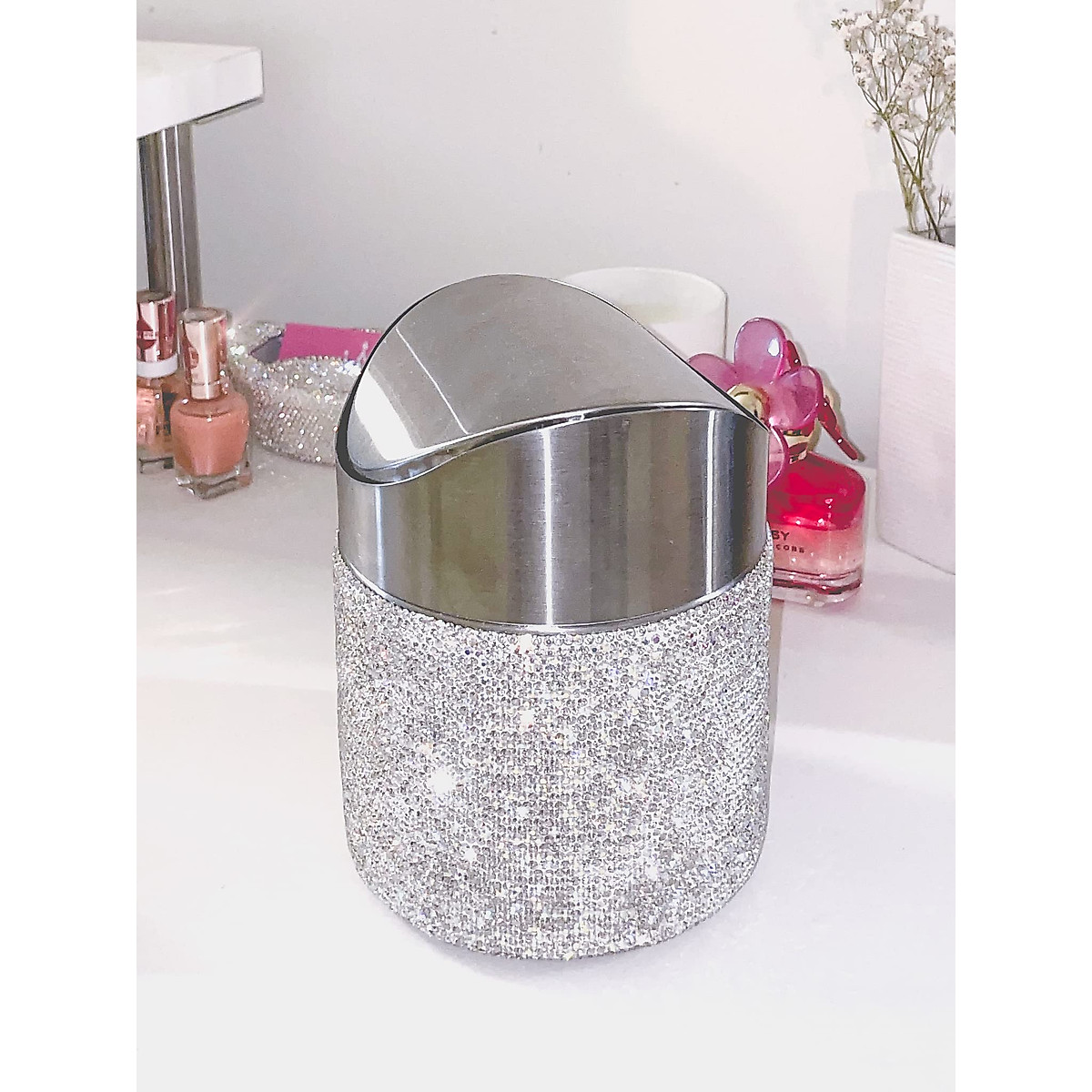 TISHAA Decorative Mini Size Trash Can Wastebasket – Garbage Container Bin Waste Basket Crystal Rhinestone Bedazzled Glitter Deco Vanity Home Office Desk, Perfect for Vanity and Small items