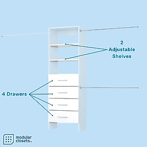 Closet Shelves Tower With Drawers & Hanging Closet Kit - Built In Closet Organizer System - Corner Closet System - Closet Organizers And Storage Shelves - Closet Shelving - Expands From 52" - 120" (ETW-DR4-25.5)