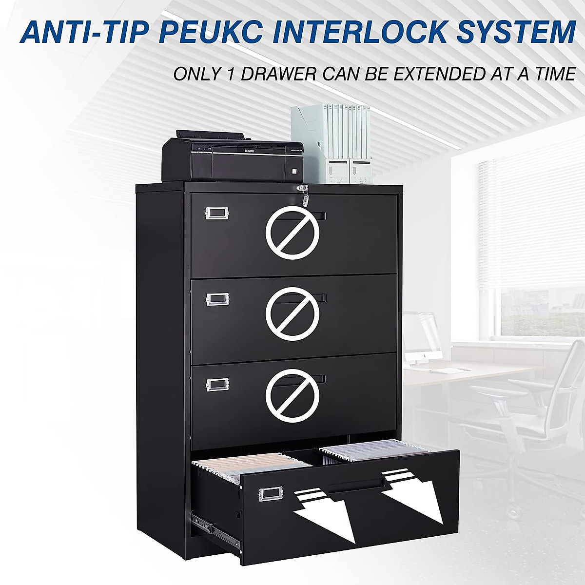 PEUKC 4 Drawer File Cabinet, Lateral Filing Cabinets for Home Office, Office Storage Drawers with Lock, Hanging Files Legal/Letter A4 Size (Assemble Required,Black)