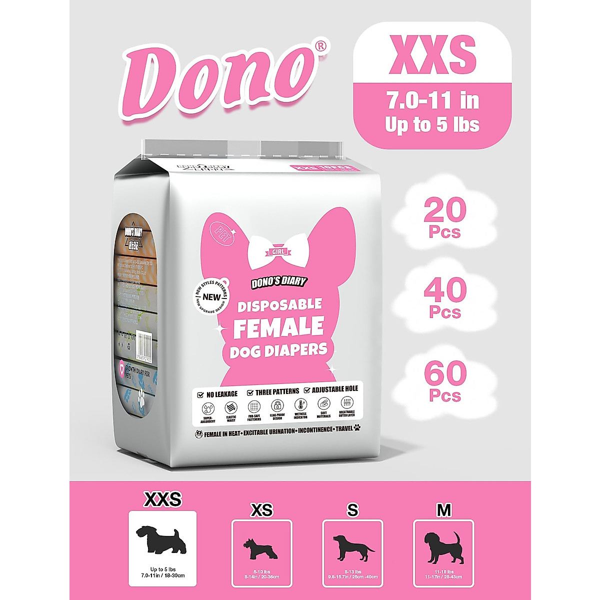 Dono Dog and Cat Diapers Female-60PCS, Disposable Female Dog Period Diapers for Heart with Wetness Indicator, Super Absorbent Doggie Puppy Diapers Female for XXS,Small Medium Large Dogs