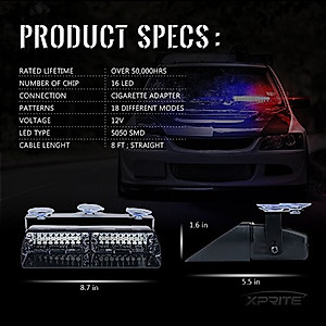 Xprite LED High Intensity Windshield Dash Emergency Strobe Lights w/Suction Cups for Police Law Enforcement Vehicles Truck Interior Roof Hazard Warning Flash Light Green (Others Color Available)