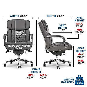 La-Z-Boy Sutherland Quilted Leather Executive Office Chair with Padded Arms, High Back Ergonomic Desk Chair with Lumbar Support, Grey Bonded Leather