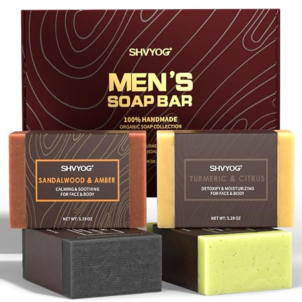 SHVYOG 4 Pcs Mens Soap, Mens Bar Soap, Natural Soap for Men, Cold Pressed Handmade Exfoliating Soap, Deep Cleansing, Moisturizing Bar Soap for Body & Face - Sandalwood Amber, Mint, Charcoal, Turmeric