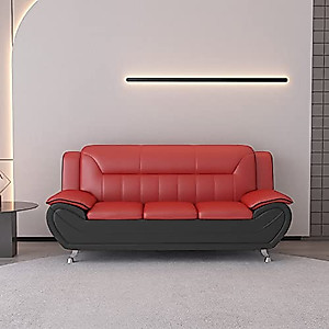 Container Furniture Direct Modern Style Faux Leather Sofa with Extra Comfortable Pillow Top Armrests Ideal for Living Room, Bedroom or Home Office Couch, 79.2’’ Wide, red/Black