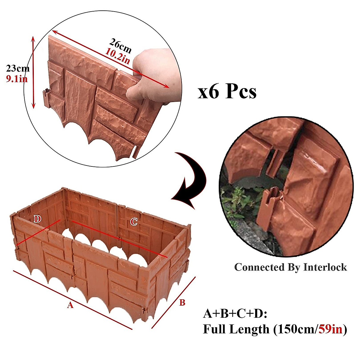 SUBBYE Plastic Flower Bed Edging Fencing for Garden Decor - Tall 23cm Red Stone Brick Effect Portable Lawn Edging Interlocking Panels, 6 Pack