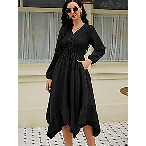 ZAFUL Women's Deep V Neck Smocked Flutter Hem Drawstring Tie Front Long Sleeve Flowy Midi A-Line Dress with Pockets Black