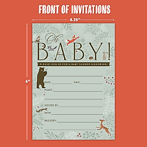 Koko Paper Co Enchanted Woodland Baby Shower Invitations and Diaper Raffle Tickets | 75 Count: 25 Fill-in Invitations, 25 Bright White Envelopes and 25 Diaper Raffle Tickets | Heavy Card Stock