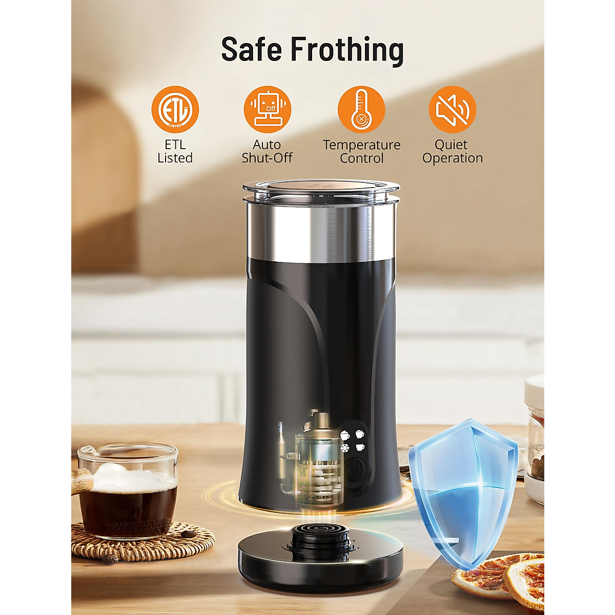 KLEAH 4 in 1 Milk Frother and Steamer, Non-Slip Design, Stainless Steel, Silent Operation Hot & Cold Milk Steamer, Auto Shut-Off Frother for Latte, Coffee, Cappuccino, Macchiato, Easy Cleaning, 240ml