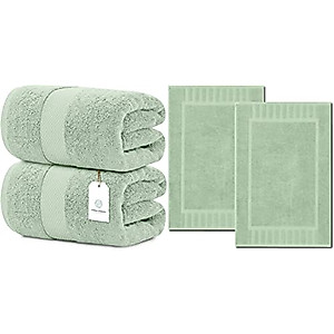 White Classic Luxury Bath Sheet | 2 Pack Luxury Bath Mat | 2 Pack Bundle (Green)