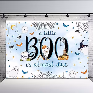 MEHOFOND 7x5ft Halloween Baby Shower Backdrop a Little Boo is Almost Due Blue Watercolor for Boy Background with Spider Web Baby Shower Party Banner Decor Photo Booth Studio