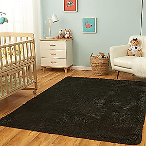 AMTOVO Shag Area Rugs for Bedroom, Black Fluffy Rug Plush Living Room Carpet 8 x 10 Feet, Indoor Modern Plush Area Rugs, Fuzzy Nursery Shaggy Rugs for Kids Room