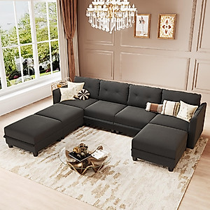 LLappuil Modular Sectional Sofa with Storage U Shaped Couch with Reversible Chaise Luxury Velvet Sofas for Living Room 4 Seats with 3 Ottomans Denim Black Grey
