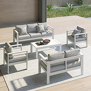 All-Weather Aluminum Outdoor Coffee Table, Modern Coffee Table for Outside, Rectangle Patio Coffee Table for Balcony Garden, Light Grey