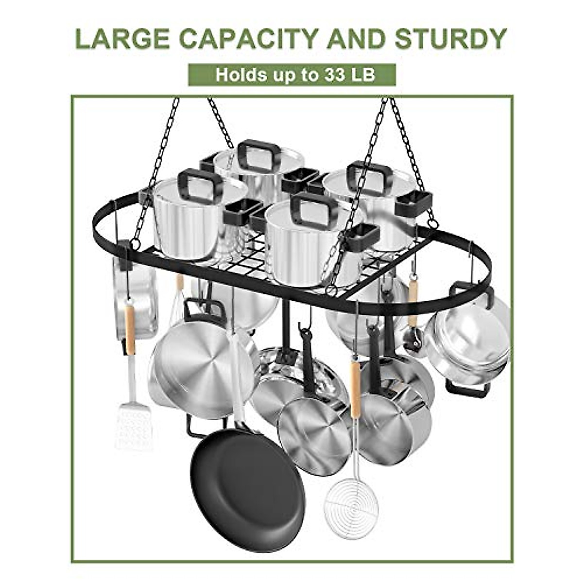 X Home 32-Inch Hanging Pot Racks for Kitchen Ceiling with 10 Removable Hooks, for Kitchen Storage & Organization, Ceiling Mounted, Black