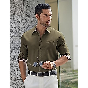 COOFANDY Mens Chambray Dress Shirt Oxford Casual Shirt Button Down Long Sleeve Shirt Army Green