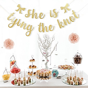 She is Tying The Knot Banner - Bridal Shower Banner Wedding Banner, Engagement Wedding Decorations, Wedding Theme Party Decoration Gold Glitter, Bridal Shower Photo Props