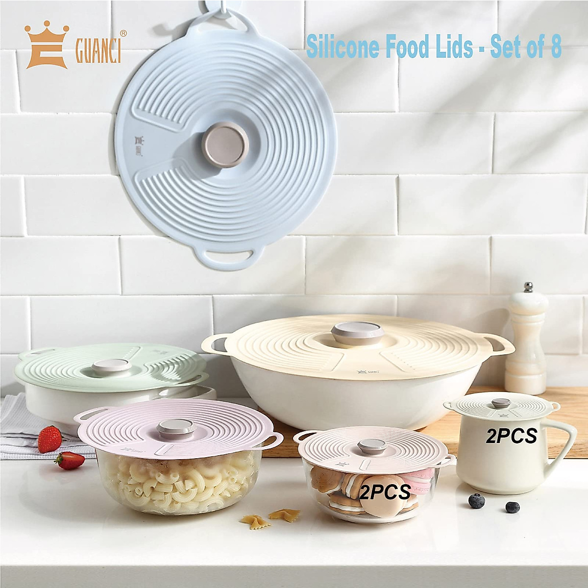 GUANCI Set of 8 Silicone Lids, Reusable Suction Microwave Food Storage Cover Food-Grade Grip fits Cups, Bowls, Plates, Pots, Fridge Dishwasher Safe