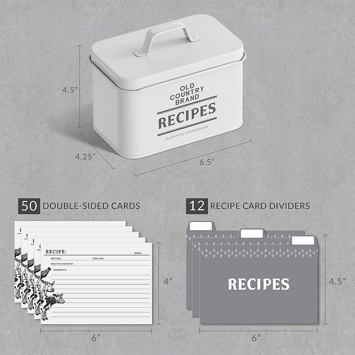 Barnyard Designs Old Country Brand Metal Recipe Box with Cards and Dividers 4 x 6, Vintage Farmhouse Recipe Card Box Holder, Tin Recipe Box Set 50 Recipe Index Cards, 12 Dividers 4x6 with Tabs, White