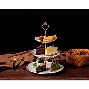 Jusalpha® Elegant Embossed 3-tier Ceramic Cake Stand- Cupcake Stand- Tea Party Pastry Serving Platter in Gift Box and a Free Sugar Tong (FL-Stand 03)