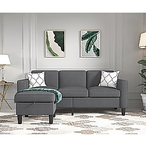 Sectional Sofa Couch Convertible L-Shaped Couches with Storage Ottoman Dark Grey 3 Seater Modern Linen Fabric Futon Sleeper Furniture Set for Living Room Apartment Loft Small Spaces