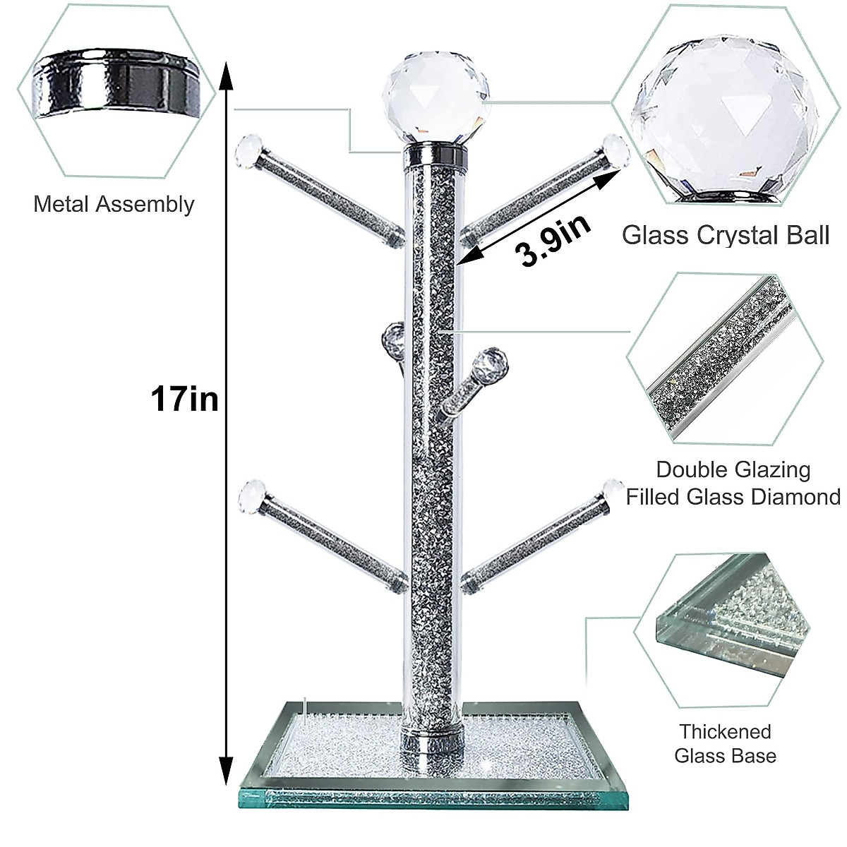 Coffee Mug Tree Rack，Crushed Diamonds Coffee Mug Holder Tree，Vertical Bottle Dryer Rack ,Tree Branch Shaped Crystal Glass Bottle Dryer，Coffee Cups Rack with 6 Hooks，Mug Rack for Kitchen Cafe（silver）