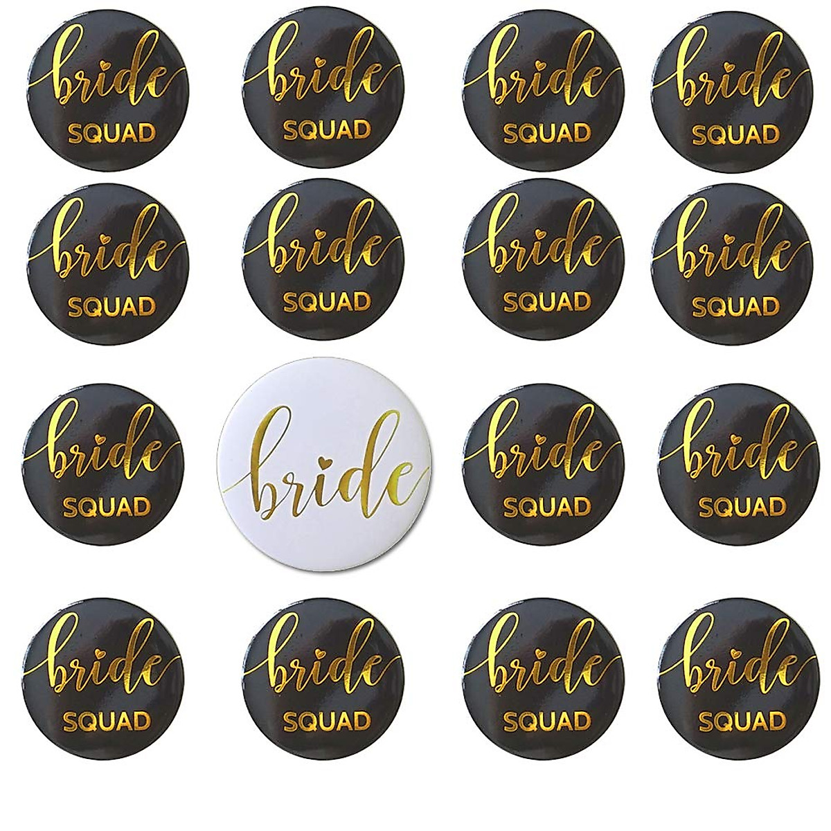 Bachelorette Party Gold Foil Buttons Bride and Bride Squad Pins Wedding Party Last Fling Bridal Shower (16 Badges, Black)