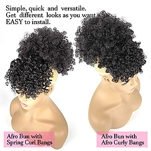 Allyreetress Afro Puff Drawstring Ponytail with Bangs Pineapple Updo Hair for Black Women,Short Kinky Curly Ponytail Bun with 2 Replaceable Bangs(#1B-Black)