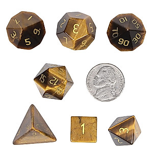 Amogeeli 7pcs Hand-Carved Crystal DND Dice Set, Stone Polyhedral Rolling Dice Kit for RPG MTG COC Table Game, Tiger' s Eye Stone