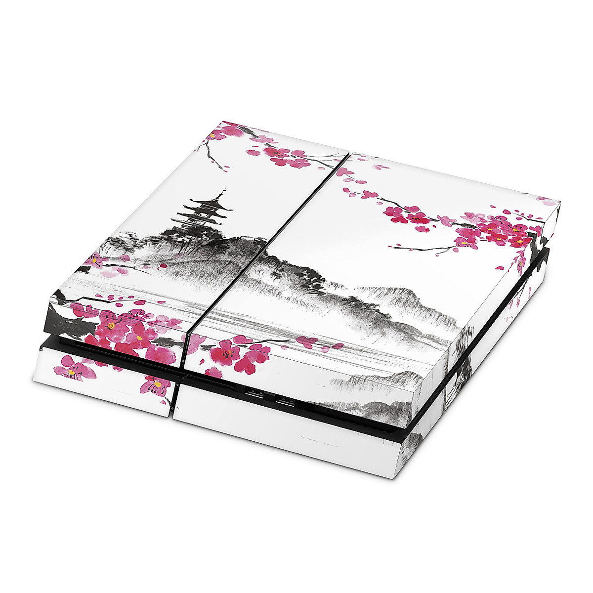 ZOOMHITSKINS Compatible with PS4 Skin, Compatible for Playstation 4, Japanese Pink Sakura Anime White Landscape Temple Art, 1 PS4 Console Skin, Easy to Install, 3M Vinyl Decal, Made in The USA