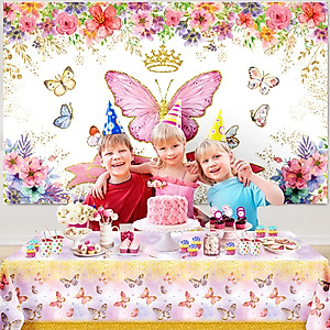 Butterfly Theme Party Decorations, Butterfly Birthday Decorations with Pink Purple Balloon Arch Kit Butterfly Photography Backdrop Banner and Tablecloth for Girls Women Birthday Party Decor