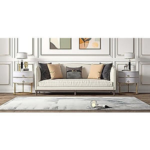 O&K FURNITURE Marble End Table with Storage, Round Nightstand with Drawer, White and Gold Side Table Metal Legs for Bedroom Living Room, Bedside Table Furniture, Marbling Natural Stone