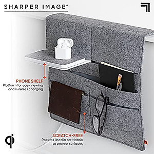 Sharper Image Wireless Qi-Charging Bed Caddy, Soft Fabric Organizing Pockets with Phone Shelf and Universal Bed Attachment