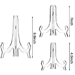 HESTYA 3 Pieces 4.5/7/9.8 Inch Clear Acrylic Easels Display Stands Plate Stands Holders to Display Pictures or Other Items for Weddings, Birthdays, Home Decoration, Tables