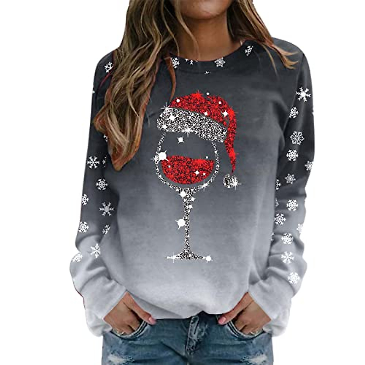 Ugly Christmas Sweater for Women Crewneck Funny Graphic Printed Long Sleeve Shirts Xmas Pullover Top 2022 (Z5-Grey, XL)