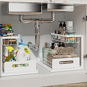 REALINN Under Sink Organizer, Pull Out Cabinet Organizer 2 Tier Slide Out Sink Shelf Cabinet Storage Shelves, Under Sink Storage for Kitchen Bathroom Cabinet, White, 2 Pack