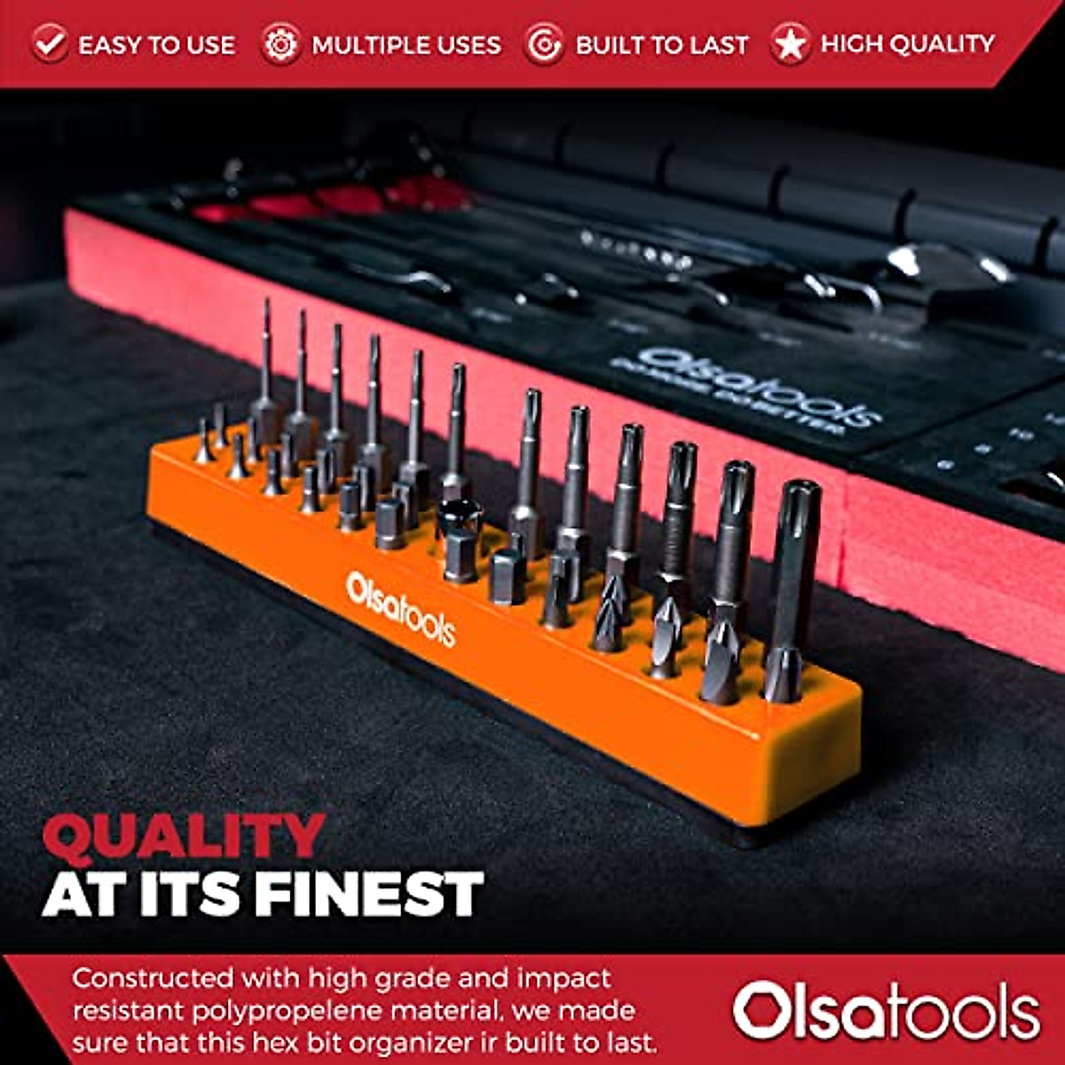 Olsa Tools Professional Hex Bit Organizer with Magnetic Base | Professional Quality Hex Bit Holder for Your Specialty, Drill or Tamper Bits (Orange)