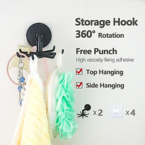 NORXUAZE Kitchen Wall Shelf Hooks,Under Cabinet Kitchen Utensil Hooks,Side Hanging 360° Rotating with 7 Hooks,Drilling Free Adhesive Utensils Rack for Tools/Towel/Oven Mitts/Bathroom, 2pcs(Black)