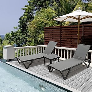 Domi Pool Lounge Chairs,Aluminum Chaise Lounge with Side Table,5 Position Adjustable Backrest and Wheels,All Weather Outdoor Lounge Chairs (2 Grey Lounges W/Side Table)