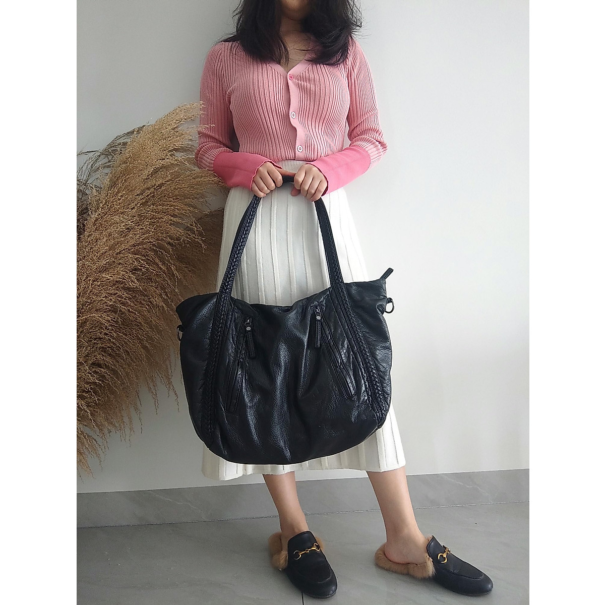 Extra Large Purses for Women Oversized Slouchy Bag Black Handbag Women Multi-pockets Hobo Tote Soft Faux Leather Braided Shoulder Pocketbooks-Black