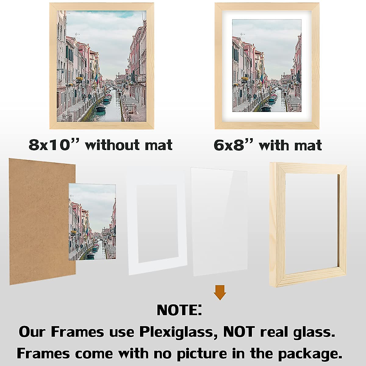 8x10 Grain Picture Frames Nature Solid Wood 6 Pack for Wall Mounting and Tabletop Display