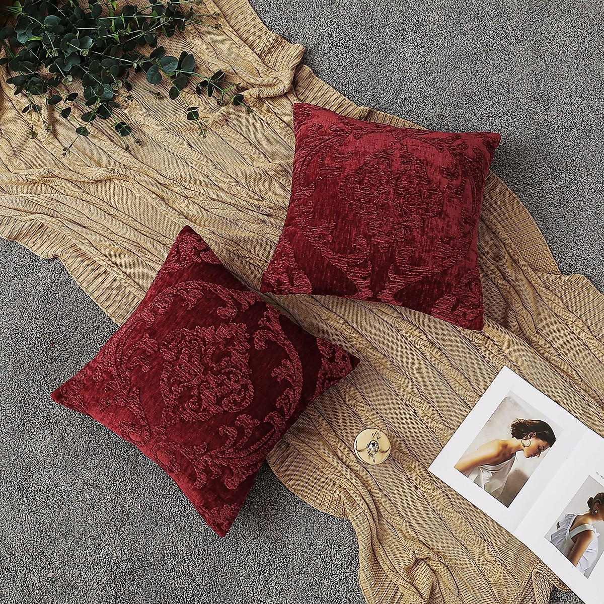 HPUK Embroidered Boho Throw Pillow Covers 18x18 inch, Set of 2 Emroidery Accent Couch Pillows for Living Room, Bedroom, Sofa, Chair, Wine