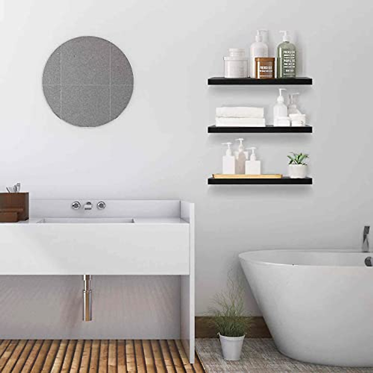 SAUMONIERES Floating Shelves Wall Shelf Solid Wood for Bathroom Bedroom Kitchen Wall Decor Set of 3, Black Wall Shelves