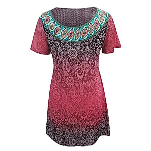 Round Print Loose Neck Pocket Boho Dress Floral Short Dress Sleeve Women Summer Office Dresses for Women for Work Pink