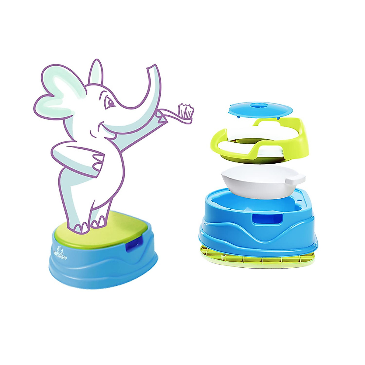 Babyloo 3 In 1 Bambino Booster Potty Training System with Free Standing Potty, Step Stool, and Toilet Mount for 1 to 6 Year Olds, Blue and Green