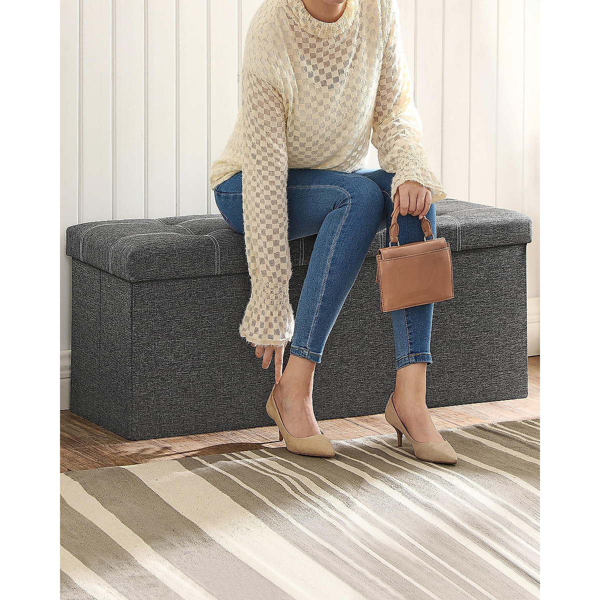 SONGMICS Ottoman Storage Bench, 35 Gal. Folding Chest with Breathable Linen-Look Fabric, Holds 660 lb, for Entryway, Living Room, Bedroom, Dark Gray ULSF077G04